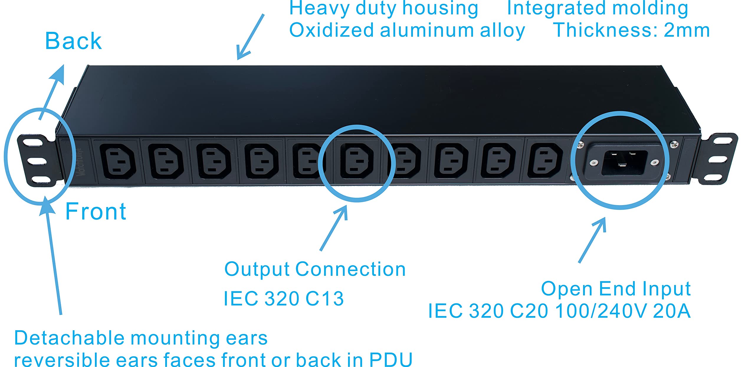 WatchfulEyE WTH-CS/PDU-C13-E (US121052E) Heavy Duty Metal 1U Rack Mount PDU, Inlet C20 20A 120/240V Open end (Without Extension Cord), Outlet C13 x10 Ports