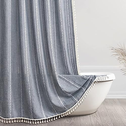 Awellife Rustic Farmhouse Linen Shower Curtain Blue Gray Primitive Country Cottage Bathroom Decor Hemstitched Striped Minimal Chic Texture Boho Tassel Bathroom Shower Curtain Set with Hooks, 72x72