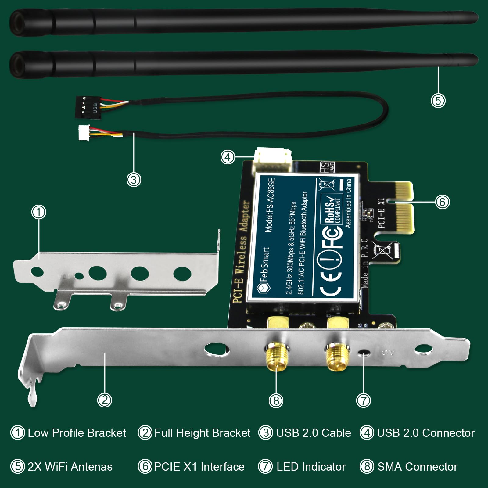 FebSmart Wireless-AC Dual Band 1200Mbps (2.4GHz 300Mbps and 5GHz 867Mbps) PCI Express WiFi Card for Windows XP, 7, 8.x, 10, 11 (32/64bit) and Windows Server Desktop PCs, PCIE WiFi Adapter (FS-AC86SE)