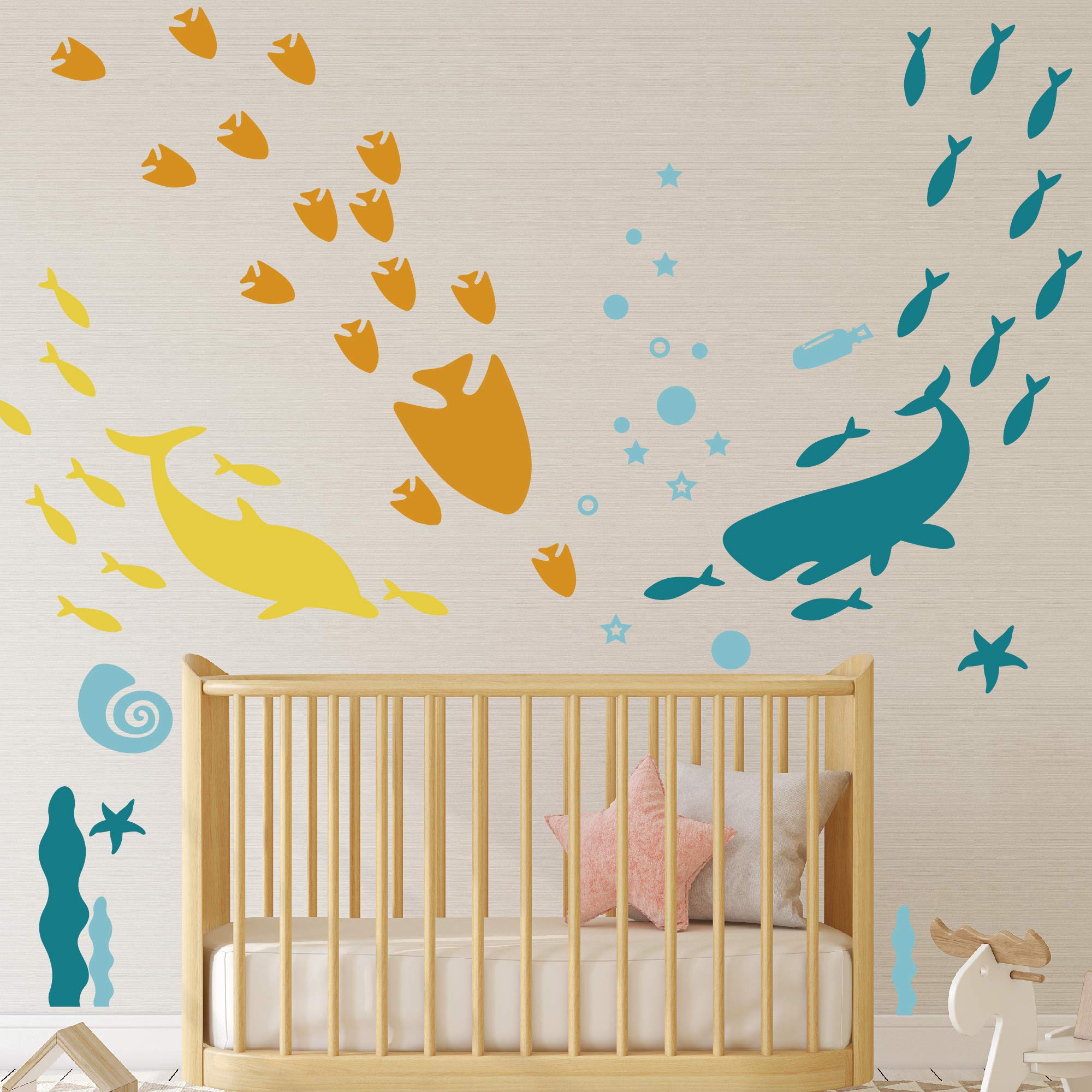 Ocean Wall Decal- Under The Sea Fish Vinyl Wall Stickers for Kids Boys Girls Room Bedroom Nursery Decor