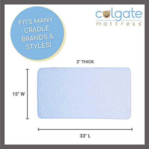 Colgate Mattress Cradle & Bassinet Mattress - GREENGUARD Gold Certified, Reversible Bassinet Pad with 2โ Thickness, Wrapped in Waterproof Quilted Cover - 15โ X 33โ X 2โ