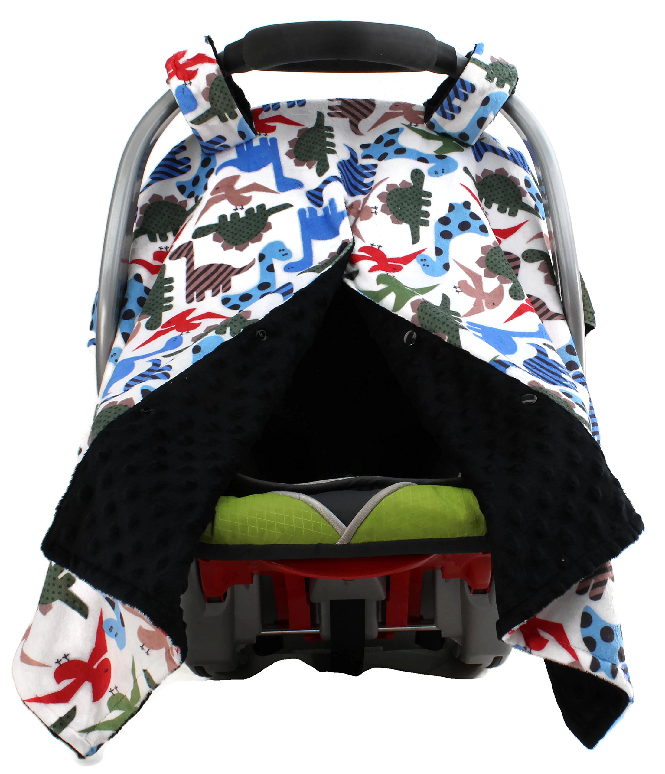 Dear Baby Gear - Baby Car Seat Canopy - Infant Car Seats Covers - Carseat Canopies for Boys and Girls - Toddler Carseat Cover with Snap Opening (Prehistoric Multicolored Dinosaur, Black Dot 40"x30")