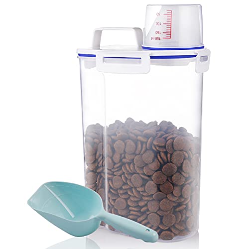 Kytely Upgraded Airtight Pet Food Storage Container, Small Dog Food Container with Measuring Cup, Cat Food Storage Container with Pour Spout, 4 Seal Buckles Food Dispenser for Regular Food, Dogs, Cats, Birds (White)