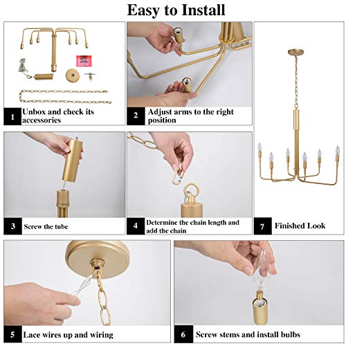 KSANA Gold Chandelier, 6-Lights Modern Chandeliers for Dining Rooms, Living Room, Bedroom, Kitchen, Brushed Gold Finish