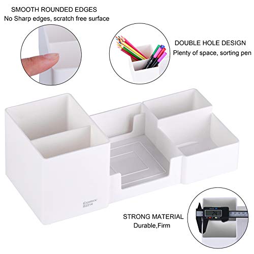 Comix Desk Organizer with Pen Holder Sticky Note Tray Paperclip Storage, Office Accessories Caddy, Office Stationery Supply Organizers, 6 Compartments Pencil Holder, White