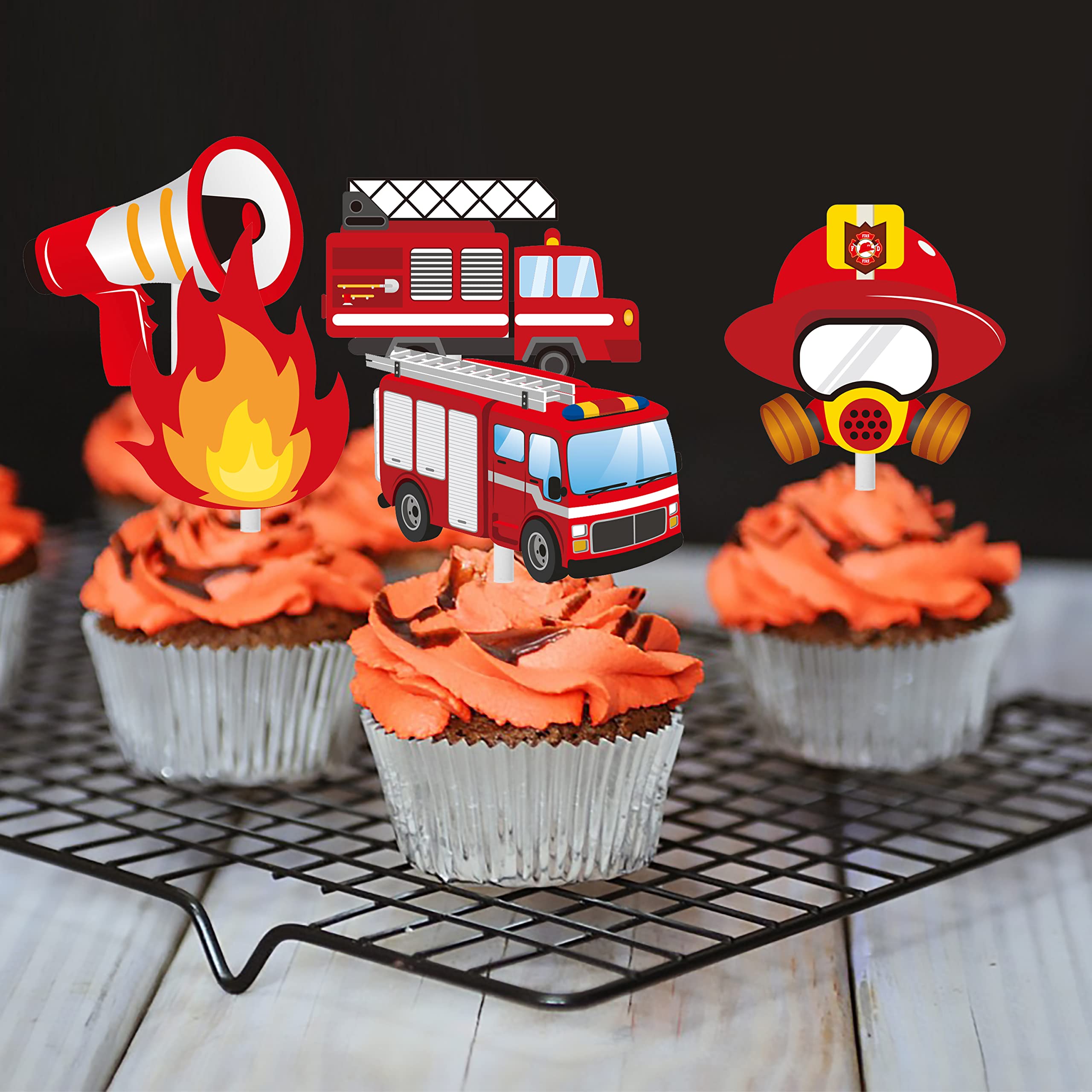 36pcs Fire Truck Party Cupcake Toppers Firefighter Baby Shower Decoration Fireman Themed Birthday Party Supplies Fire Engine Rescue Bday Cupcake Pick Decorations