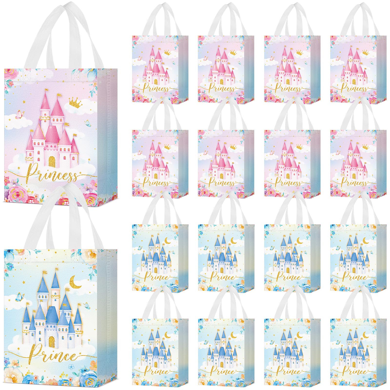 Locmeo 24 Pcs Prince and Princess Party Favor Bags with Handles Reusable Non Woven Castle Candy Goodie Bags Treat Blue Prince Pink Princess Gift Bag for Girl Boy Birthday Baby Shower, 8 x 4 x 10 Inch
