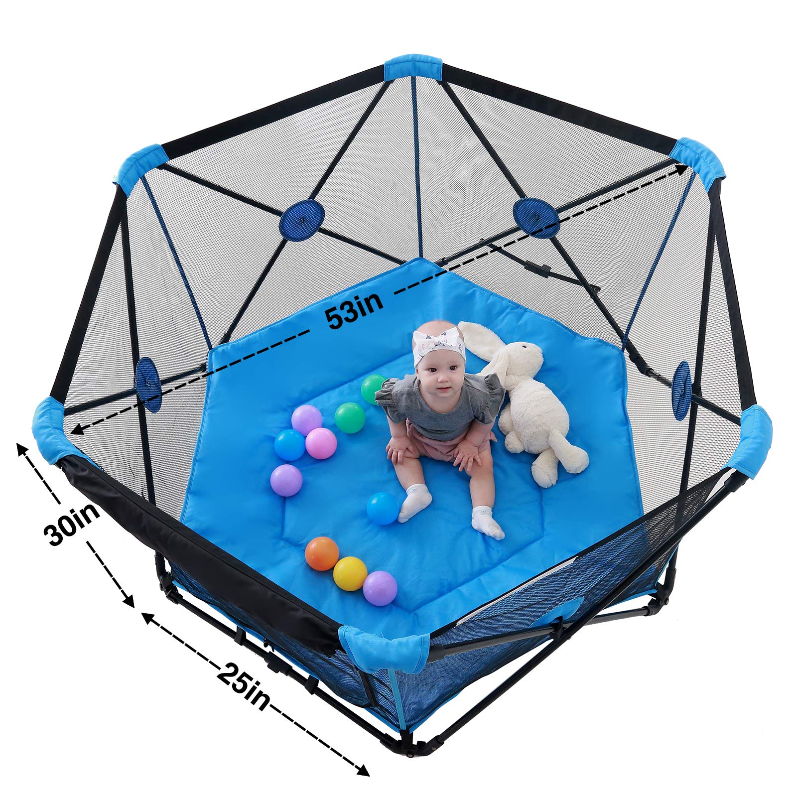 LuckyDove Portable Playpen for Innfants and Toddlers,Portable Play Yard for Baby with Padded Floor,Kids Activity Centre,Baby PlayPen with Carrying Bag,Washable,Foldable.Size:53"Wx 30"H(Blue)
