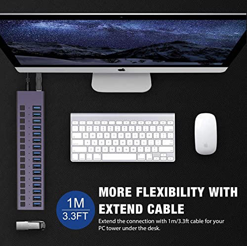 USB 3.0 Hub -16 Ports Powered USB Hub 90W USB Charging Hub with Individual On/Off Switches and 12V/7.5A Power Adapter and Lights for PC, Laptop, Computer, Mobile HDD, Flash Drive and More(Purple)