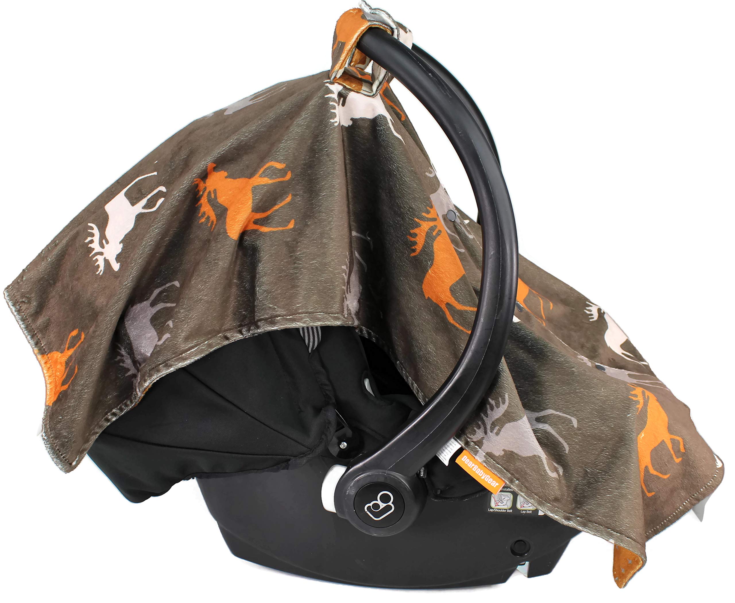 Dear Baby Gear Deluxe Reversible Car Seat Canopy, Custom Minky Print, Faux Quilt Rust Adventure and Moose on Brown