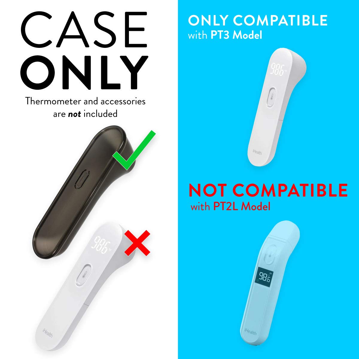 TUDIA [SKN] Full Body Soft TPU Travel Carrying Case Compatible with iHealth No-Touch Forehead Thermometer (PT3) [CASE ONLY] (Black)