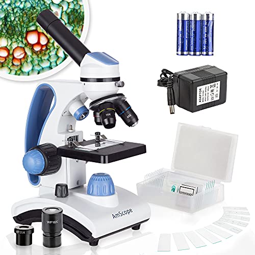 AmScope M162C-2L-PB10-WM Awarded 2018 Best Students and Kids Microscope Kit & SP-14 Microscope Slide Preparation Kit Including Stains