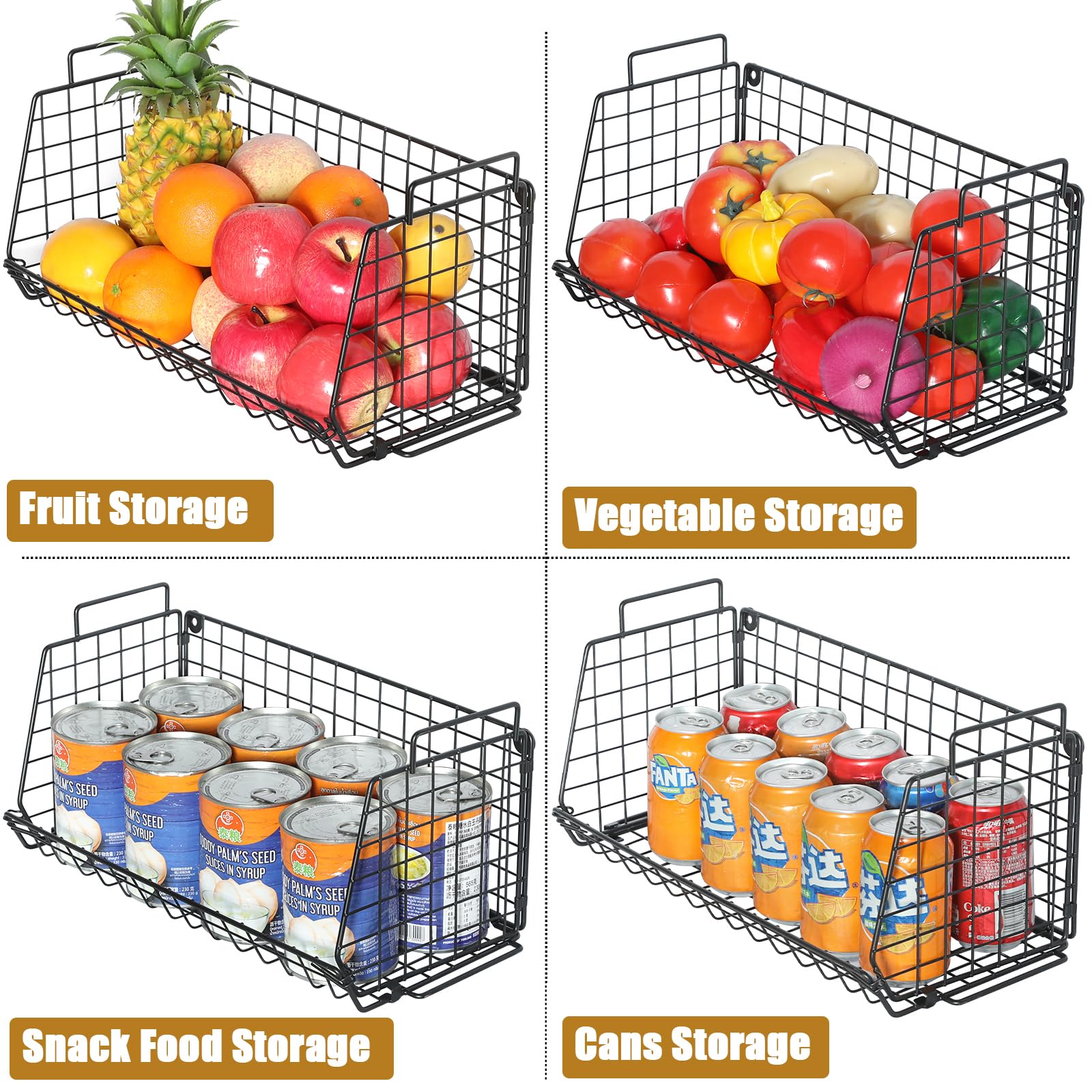 4 Pack Extra Large Stackable Wire Baskets, Pantry Organization and Storage,Wire Baskets for Organizing,Countertop Snack Chips Can Organizer,Household Storage Bins for Cabinet, Kitchen, Closet
