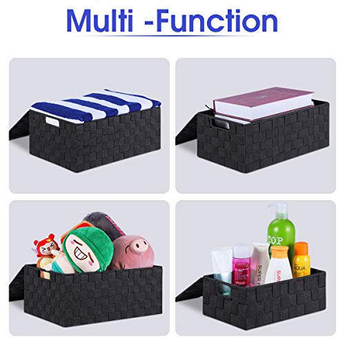 LEAVINSKY Nylon Woven Box, Woven Storage Baskets Box Bin Container, Nylon Storage Basket Box with Lid, Stackable Storage Basket Woven Strap Organizer Built-in Carry Handles (Black)