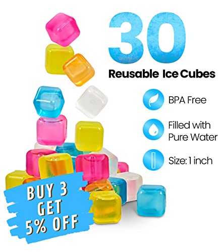 Reusable Ice Cubes For Drinks - Chills Drinks Without Diluting Them - Made From BPA Free Plastic - Refreezable, Washable, Quick And Easy To Use - Pack Of 30 With Storage Container by Efiwasi