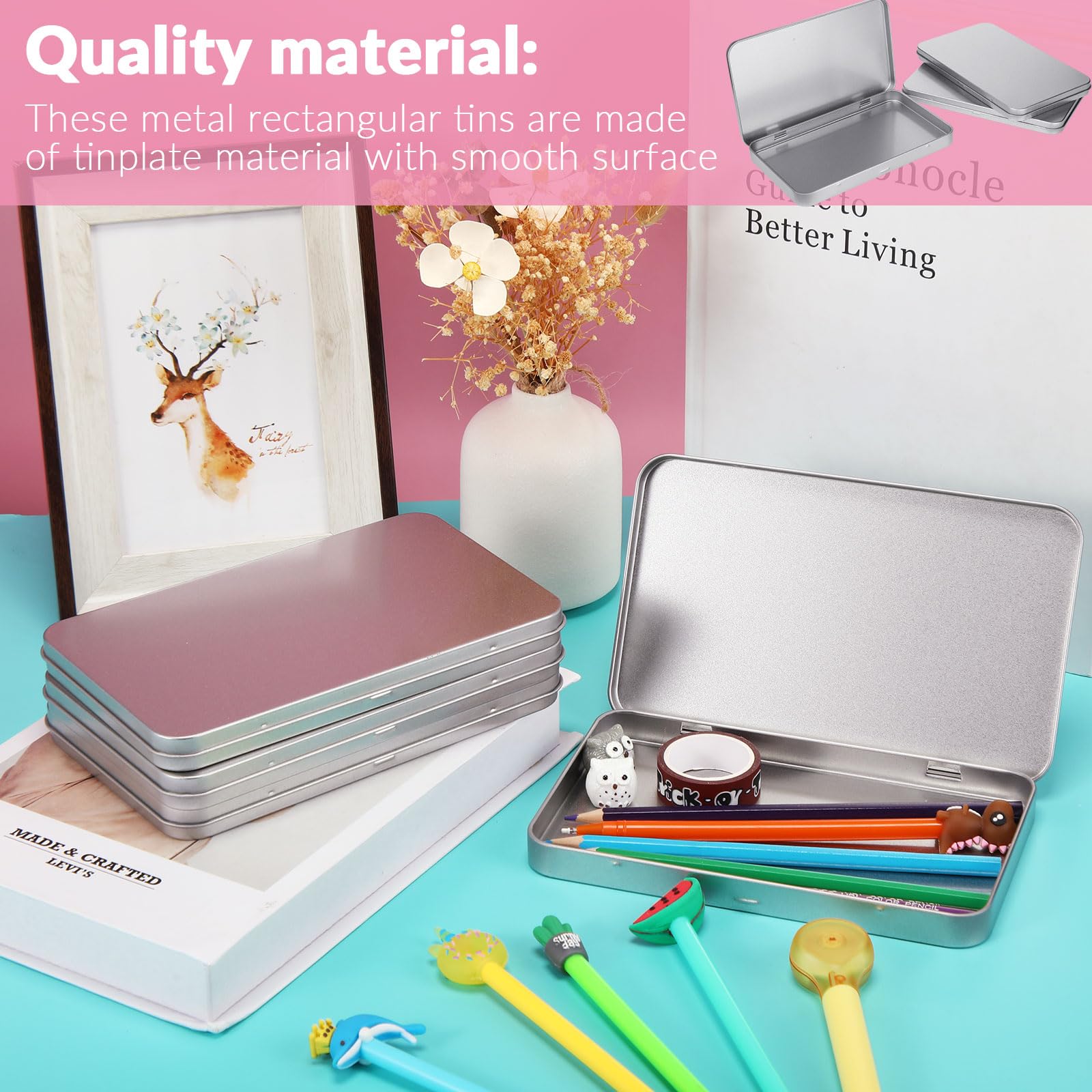 Rectangular Metal Tin Box with Lid Metal Hinged Lid Tin Metal Empty Tin Box Container Silver Storage Tin Box for Watercolor Jewelry Pen Eraser Pill Candy Craft Organize 7 x 4.25 x 0.59''(20 Pieces)