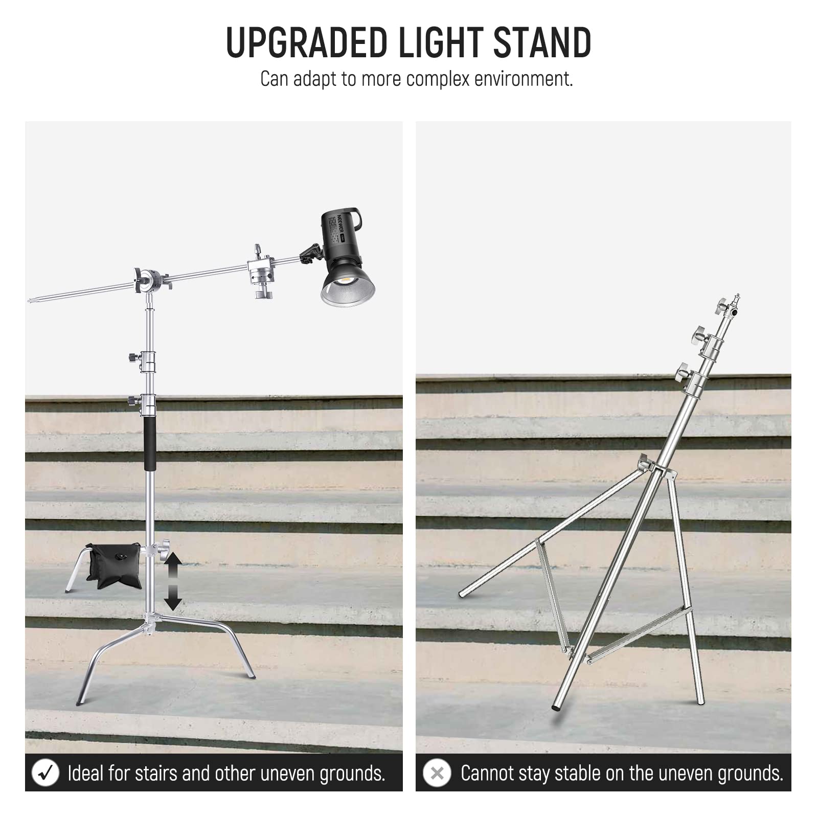 NEEWER C Stand with Boom Arm & Sliding Legs, Pro 100% Stainless Steel Stand Max Height 10.13ft/309cm with 3.9ft/120cm Arm & 2 Grip Heads for Photography Umbrellas, Reflectors, Softboxes and Monolights