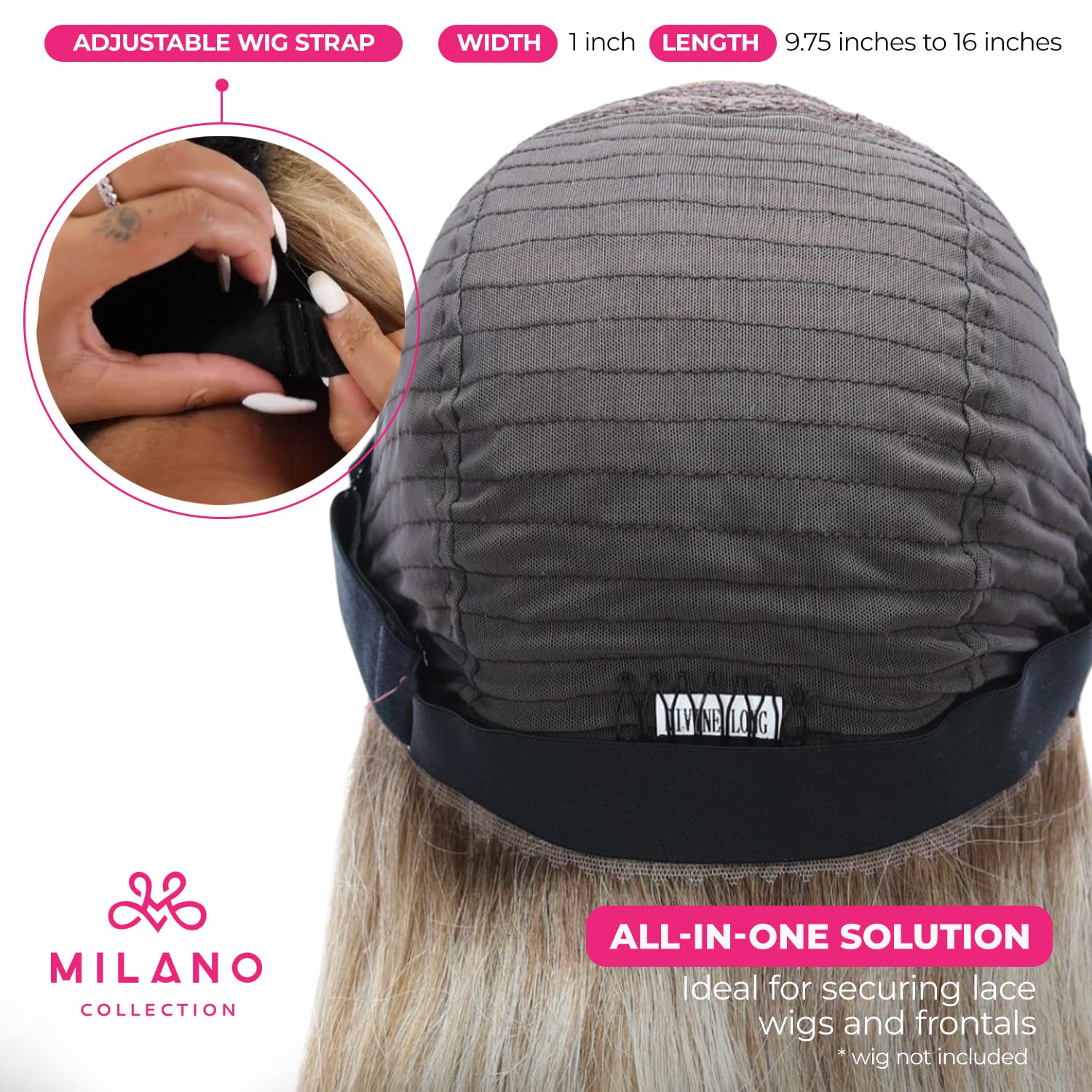 Milano Adjustable Elastic Wig Band with Hooks for Secure Fit & Comfort for Wigs and Lace Front Wigs - Wig Strap, Headband, & Wig Grip Accessories, Black