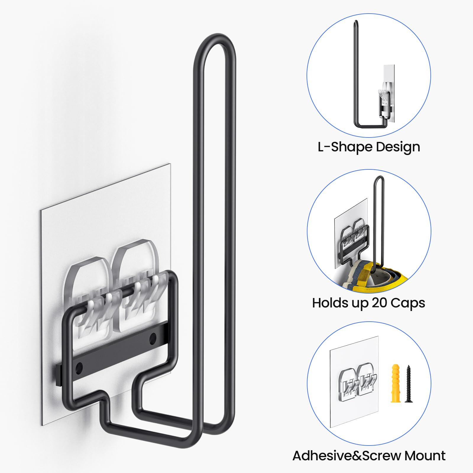 ORLESS Hat Rack for Baseball Caps, Adhesive 2 Pack Hat Organizer for Wall Mount, Storage Holds Up to 20 Caps, Hat Holder for Closet Bedroom, Strong Hat Hanger