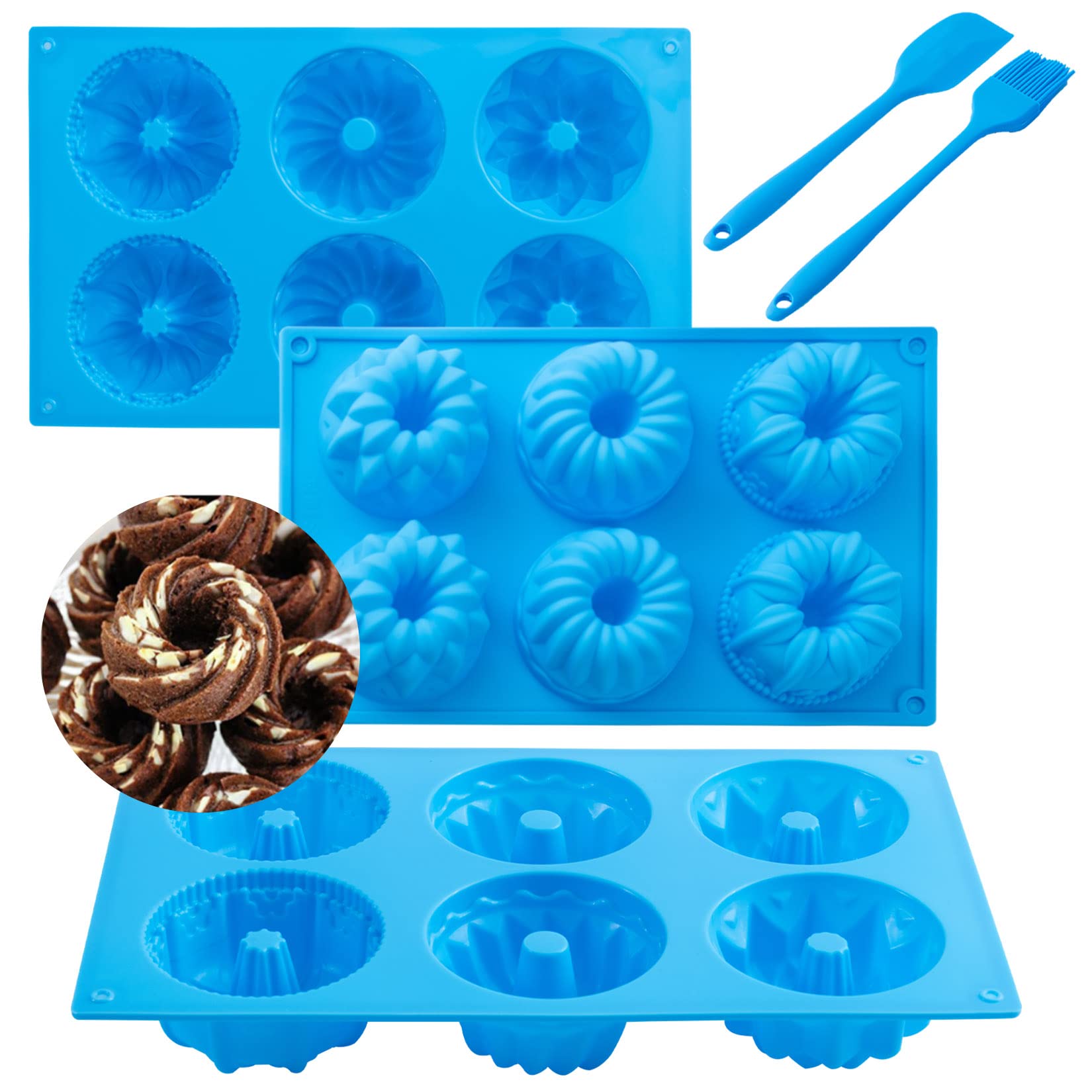 3 Pcs Mini Cake Pan with Knife Brush - Silicone Donut Cake Mold, Silicone Jumbo Muffin Pan 6 Cups, Doughnut Donut, Brownie Flower Multi Shapes Baking