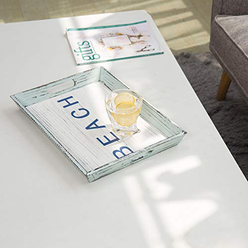 MyGift 16-inch Beach Theme Wooden Large Serving Tray with Handles, Decorative Whitewashed Blue Ottoman Tray for Living Room
