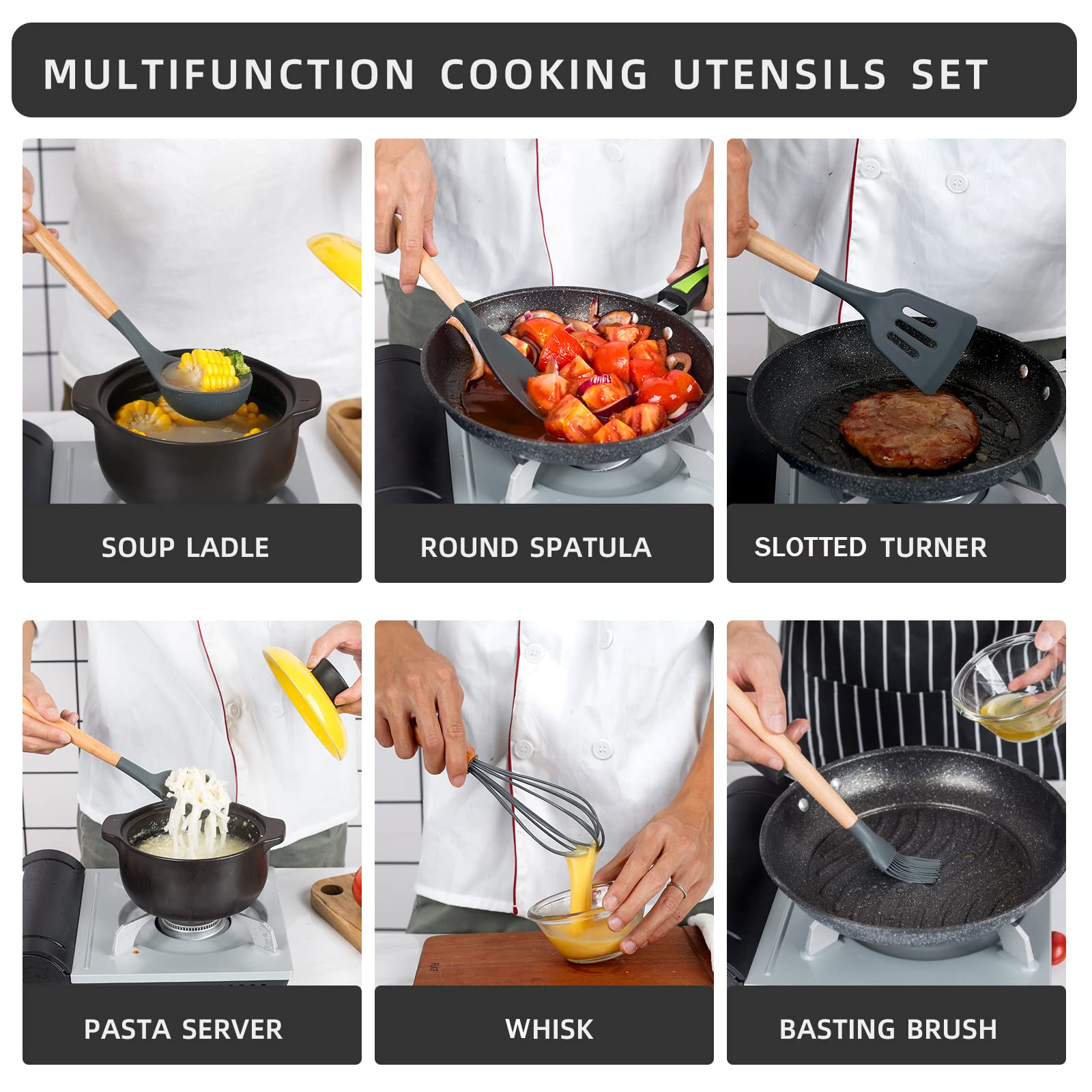 33 Pcs Cooking Utensils Set, Heat Resistance Silicone Kitchen Utensils Set with Holder, Non-stick Silicone Spatula Spoon Kitchen Gadgets Utensils Set with Natural Wooden Handle(Grey)