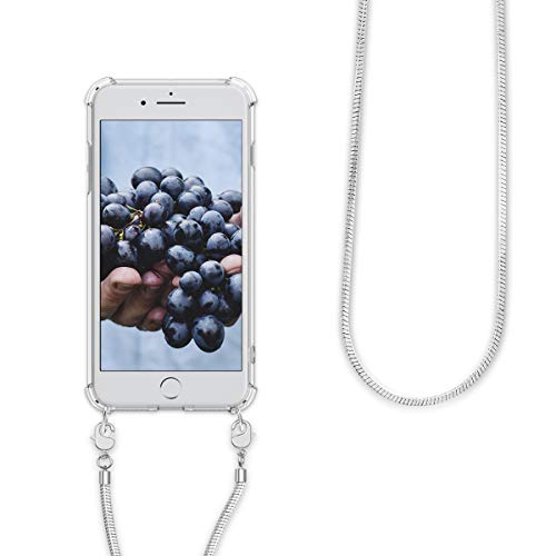 kwmobile Case Compatible with Apple iPhone 7 Plus/iPhone 8 Plus - Crossbody Case Clear Transparent TPU Phone Cover with Metal Chain Strap - Transparent/Silver