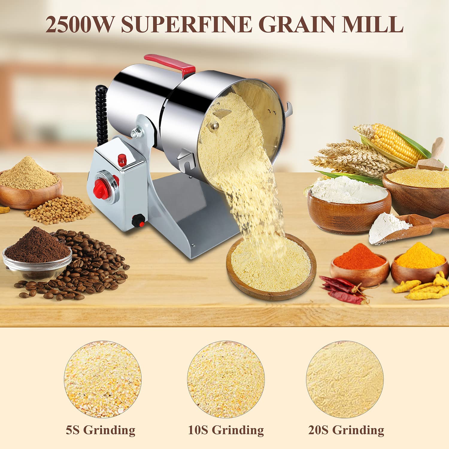 750g Electric Grain Dry Grinder Commercial Swing Type Dry Mill Machine, Stainless Steel 2600W High Speed Pulverizer for Coffee Spice Grindā¦