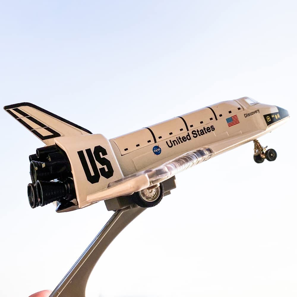 TGRCM-CZ 8'' Space Shuttle,US Discovery Airplane Toys, Alloy Pull Back Aircraft Model with Base LED Light and Sound, Display Plane for Boys Girls Adults Outdoor Games and Decoration, White