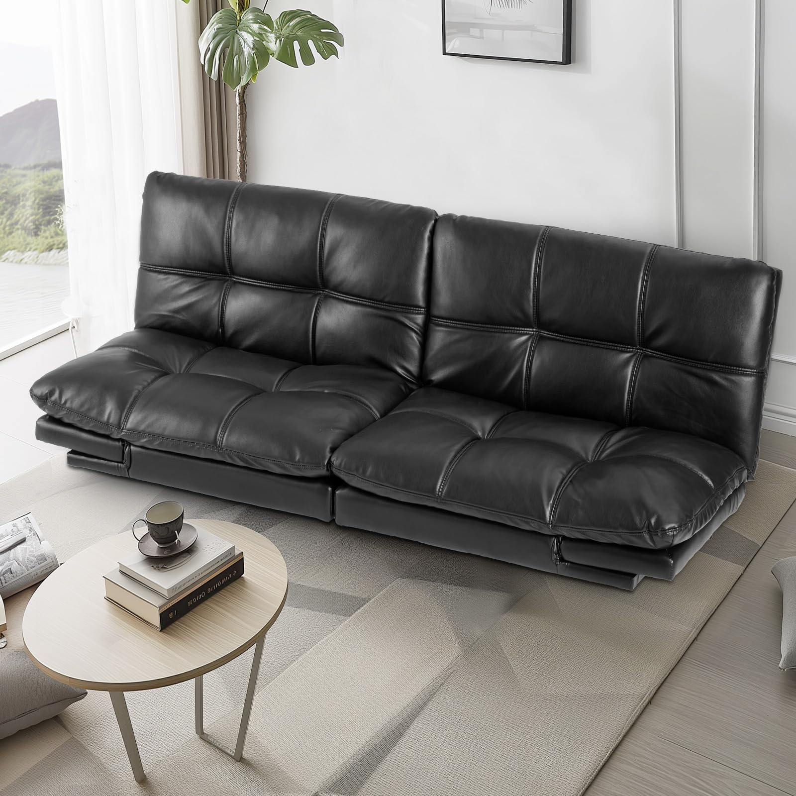 OLIXIS Faux Leather Futon Sofa Bed Couch,Convertible Sofa Bed,Memory Foam Loveseat Sofa,Small Splitback Sofa Sleeper for Office,Living Room,Black