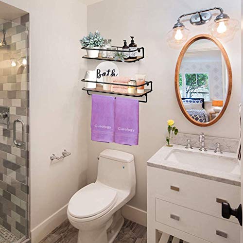 QEEIG Bathroom Shelves Over Toilet - Floating Wall Shelf with Towel Bar Farmhouse Set of 2, Rustic Brown (FS626)