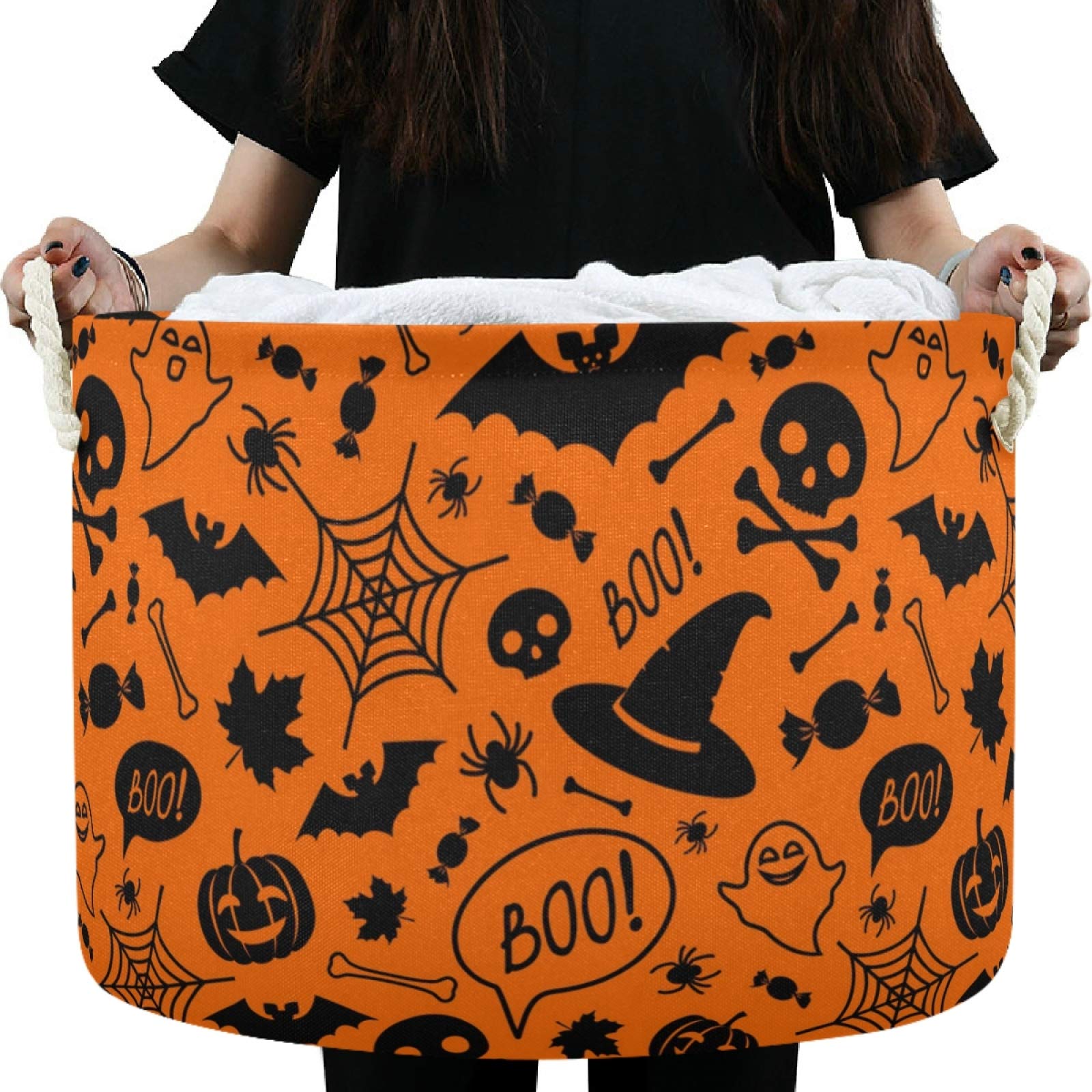 visesunny Storage Basket Halloween Orange Festive with Pumpkin Skull Bat SpiderNursery Hamper Canvas Fabric Toy Storage Organizer Bin Storage Box Laundry Basket for Kid Room,Playroom