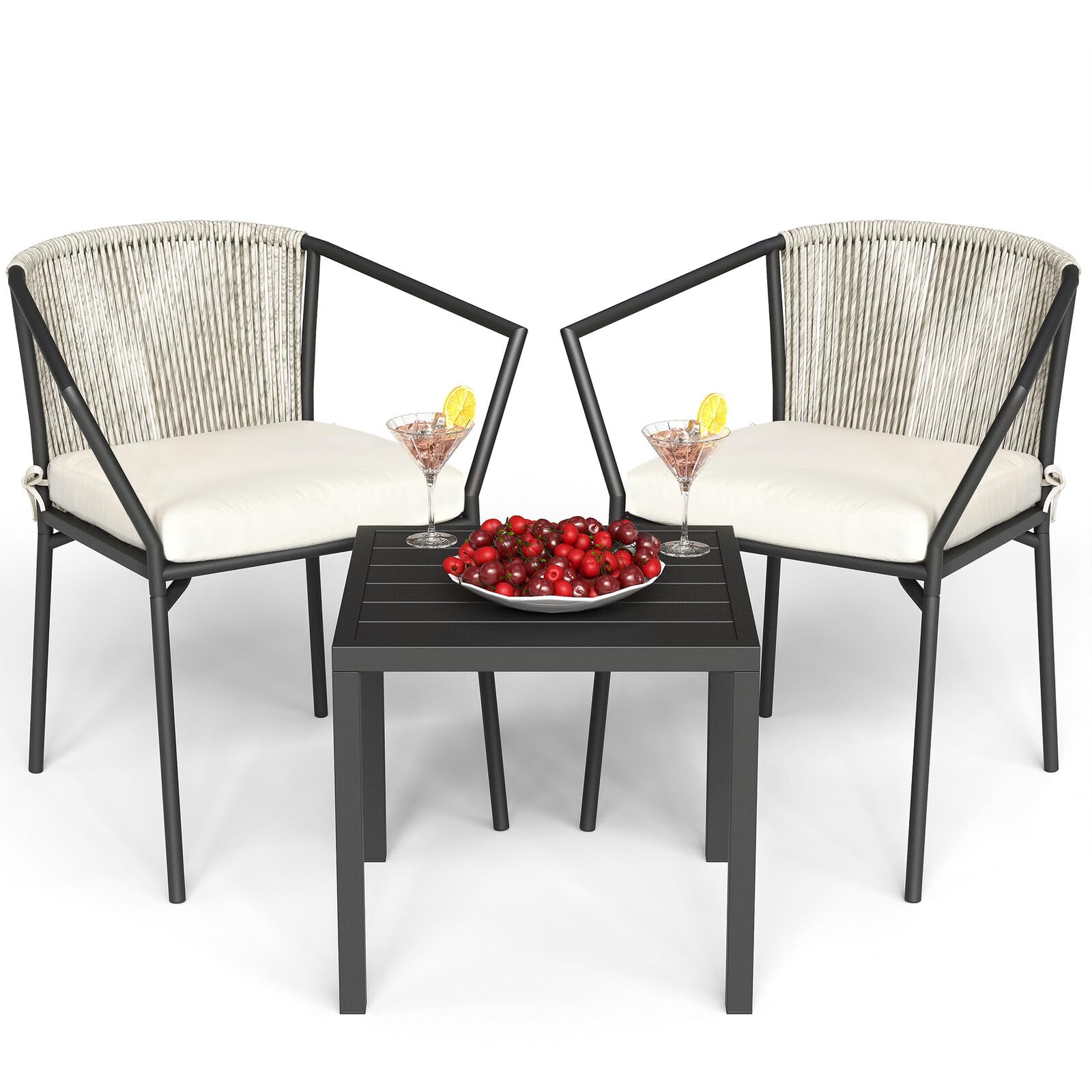 3 Pcs Patio Wicker Conversation Furniture Set for Bistro Balcony Indoor Outdoor Beige