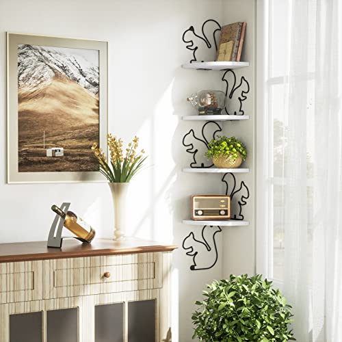 Alsonerbay White Corner Shelf 4 Tier Shelves for Wall Storage, Easy-to-Assemble Floating Wall Mount Shelves for Bedrooms and Living Rooms (Squirrel Shaped)