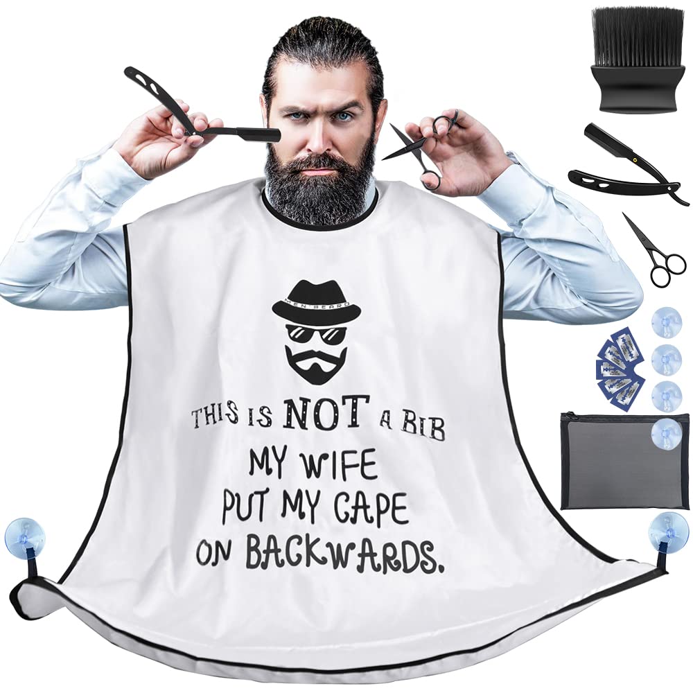 Beard Cape Apron, Beard Apron Bib, Beard Hair Catcher for Men's Shaving Trimming with Straight Razor and Blades, Suction Cups, Scissors, Cleaning Brush, Portable Pouch, Gift for Husband Boyfriend Men