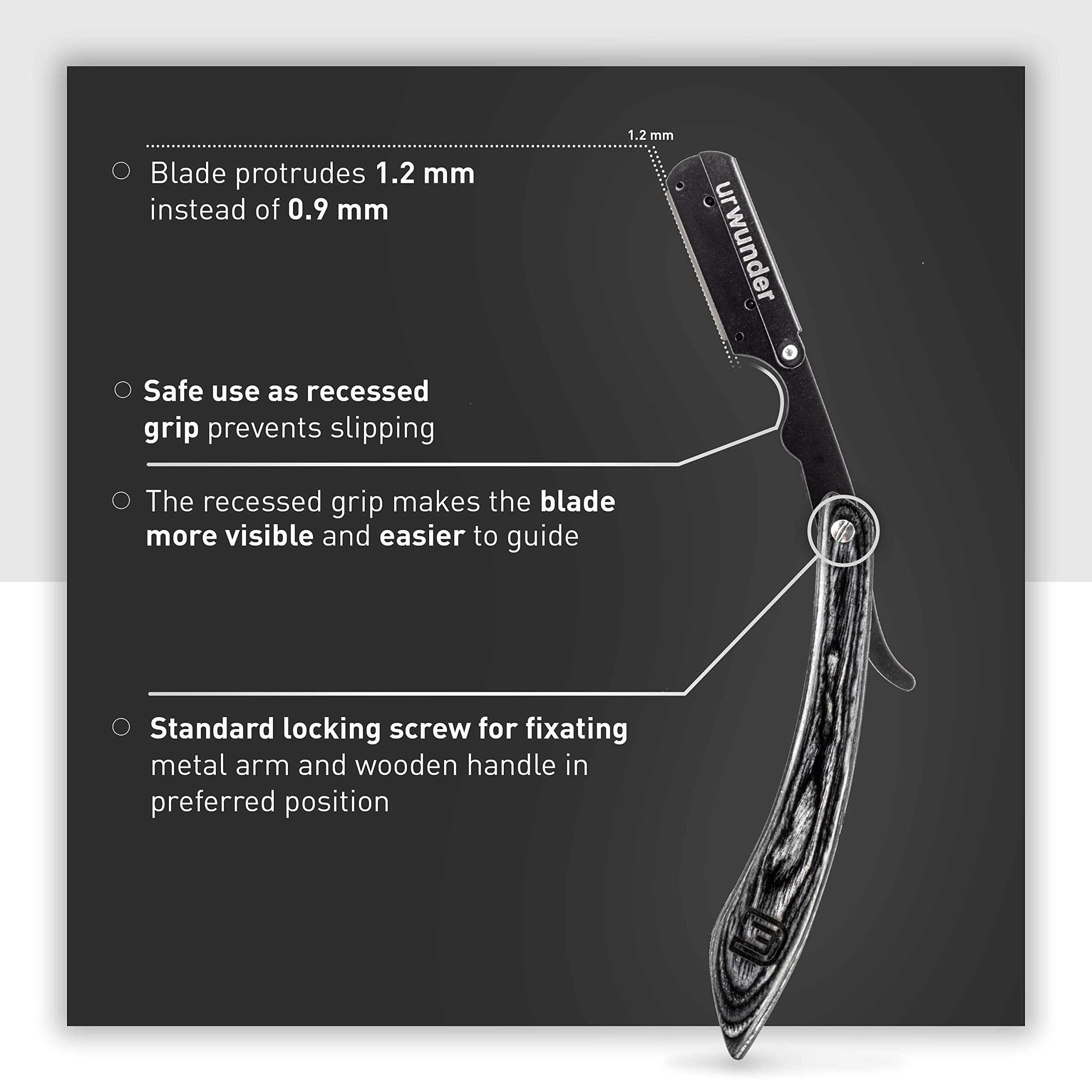 Precise German Straight Razor - urwunder - Shavio - Genuine Leather Case - Simple Manuals - 4-Pin Blade Holder [Black Arm/Black Wood]