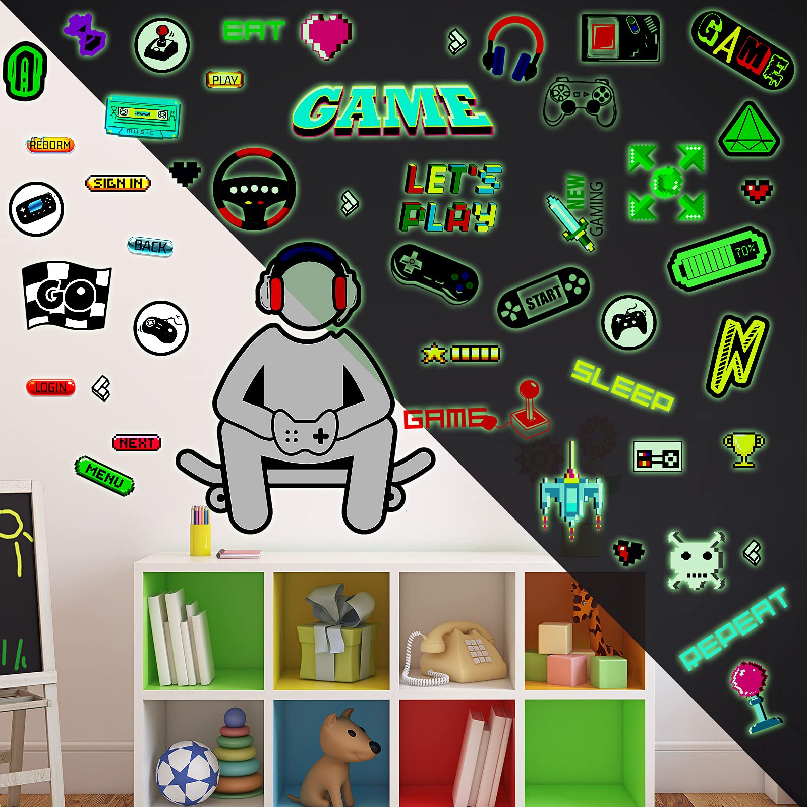 3D Glow in The Dark Game Wall Decal Gamer Boy Wall Stickers Video Game Controller Wall Decor for Boys Room Kids Bedroom Playroom Decoration (Classic)