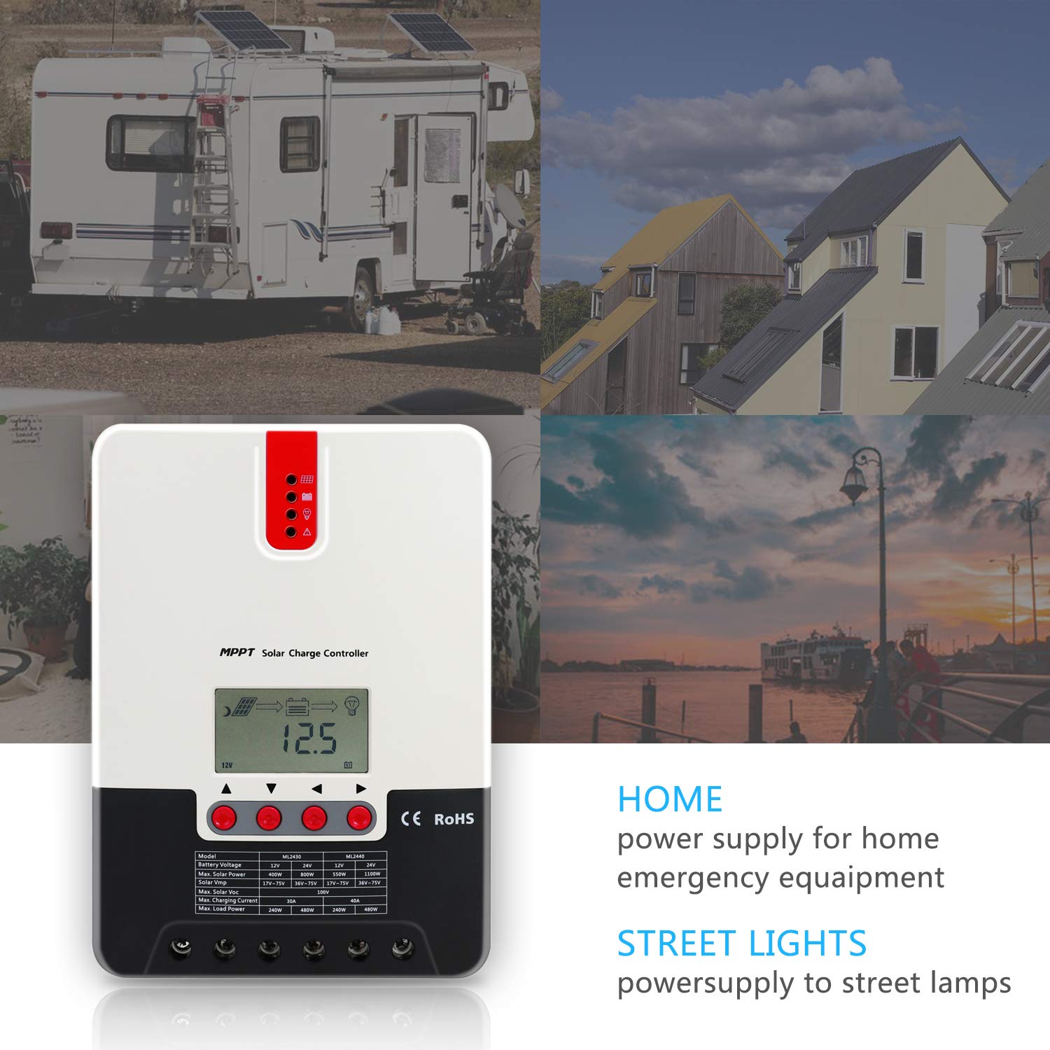 40amp Solar Charge Controller MPPT 40a 12V 24V AUTO Negative Ground Controller 40amp MPPT Charge Regulator Max 100V 1100W Input for Lithium, Sealed, Gel,Flooded Battery, w/LCD Display