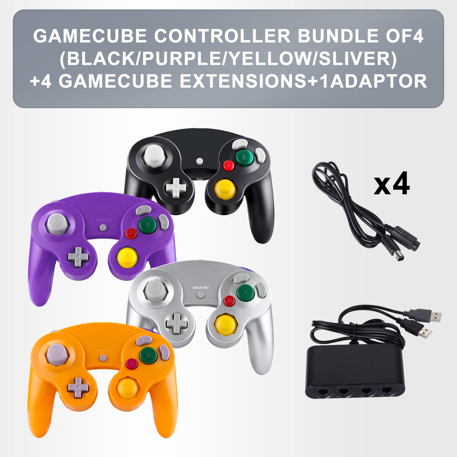 4PCS Controllers for Gamecube, with 4 Extension Cables and 4-Port USB Adapter for Switch PC Wii U Console