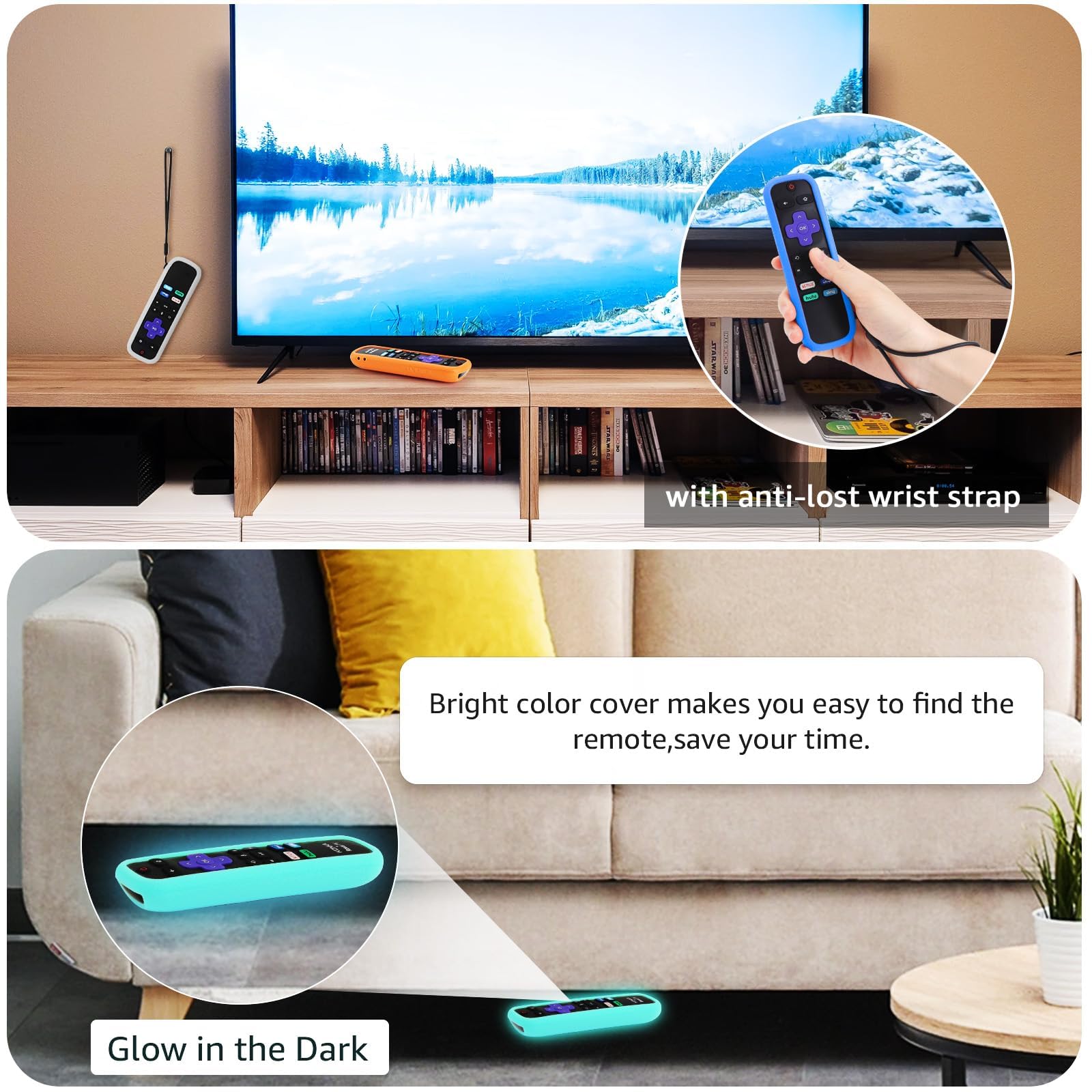 4 Pack Remote Cover for Roku, Case for Hisense/TCL Roku TV Steaming Stick/Express Universal Replacement Controller Silicone Sleeve Skin Glow in The Dark Orange White Light Green Blue with Lanyards