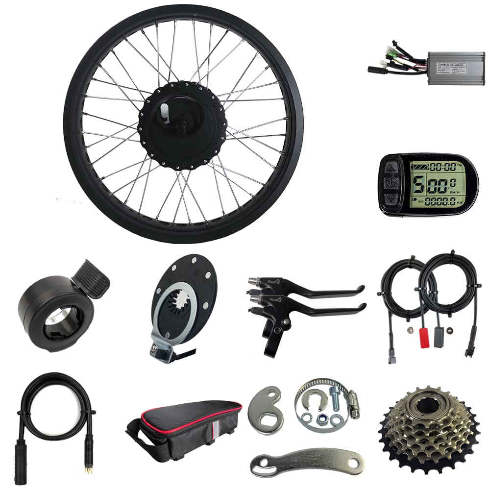 36V 500W Electric Bicycle Conversion Kit, Snow Bike/Fat Tire with LCD5 Display, 20 inch Motor Wheel, Suitable for 20x4.0 Tires, Rear Rotate Hub Motor,7-Speed flywheel and Controller Bag.