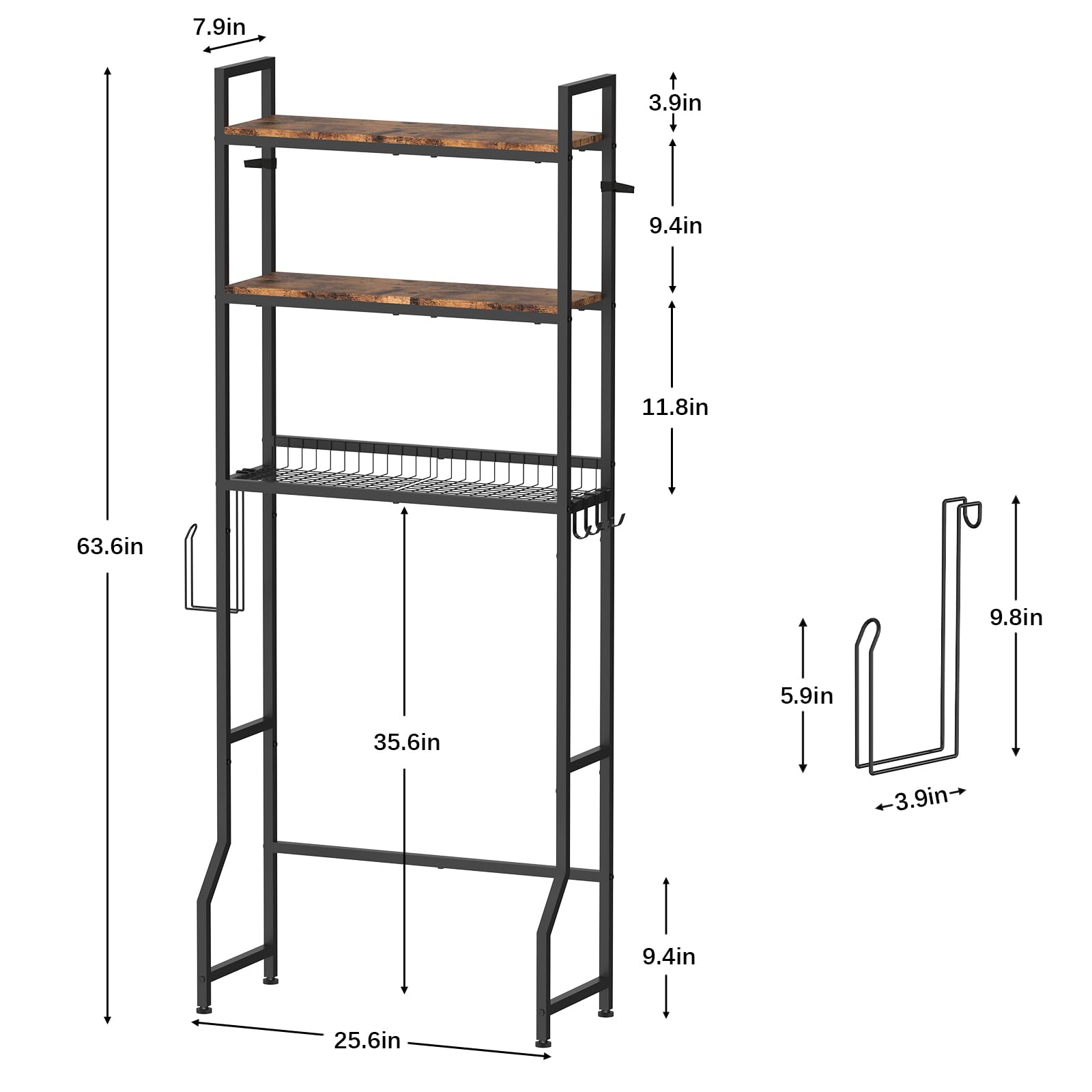 NOVIMANGO Over The Toilet Storage, Over Toilet Bathroom Organizer 3 Tier, Above Toilet Storage Rack for Bathroom Freestanding Bathroom Space Saver with Metal Frame and 4 Hooks for Laundry, Brown
