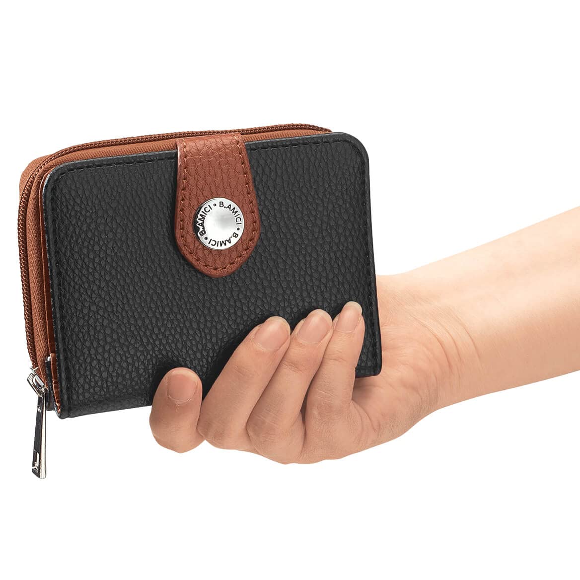 Fox Valley Traders B.AmiciTM Caryn RFID Zip-Around Leather Wallet, Black/Tan