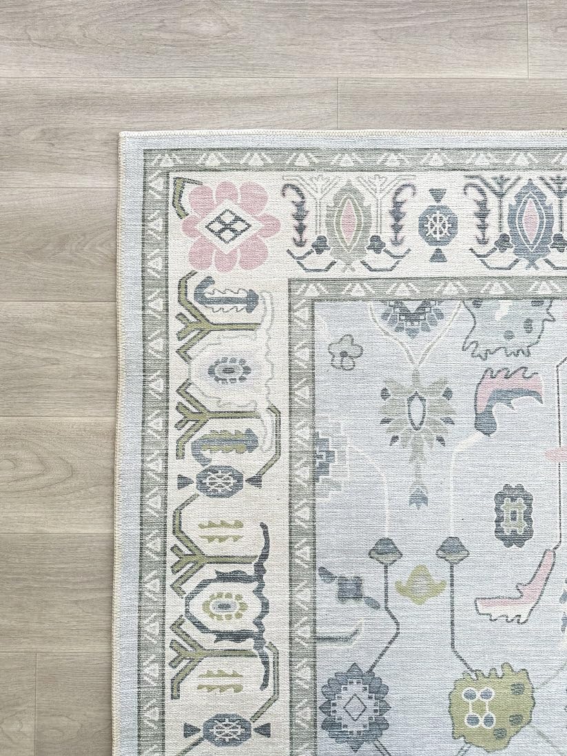 Cream Blue Oushak Rug, Modern Rugs, Vintage, Turkish, Eclectic, Floral, Pastel, Washable, Small Throw, Accent Area Rug for Living Room, Bedroom, Kitchen, Bathroom, 2'5"x4'9