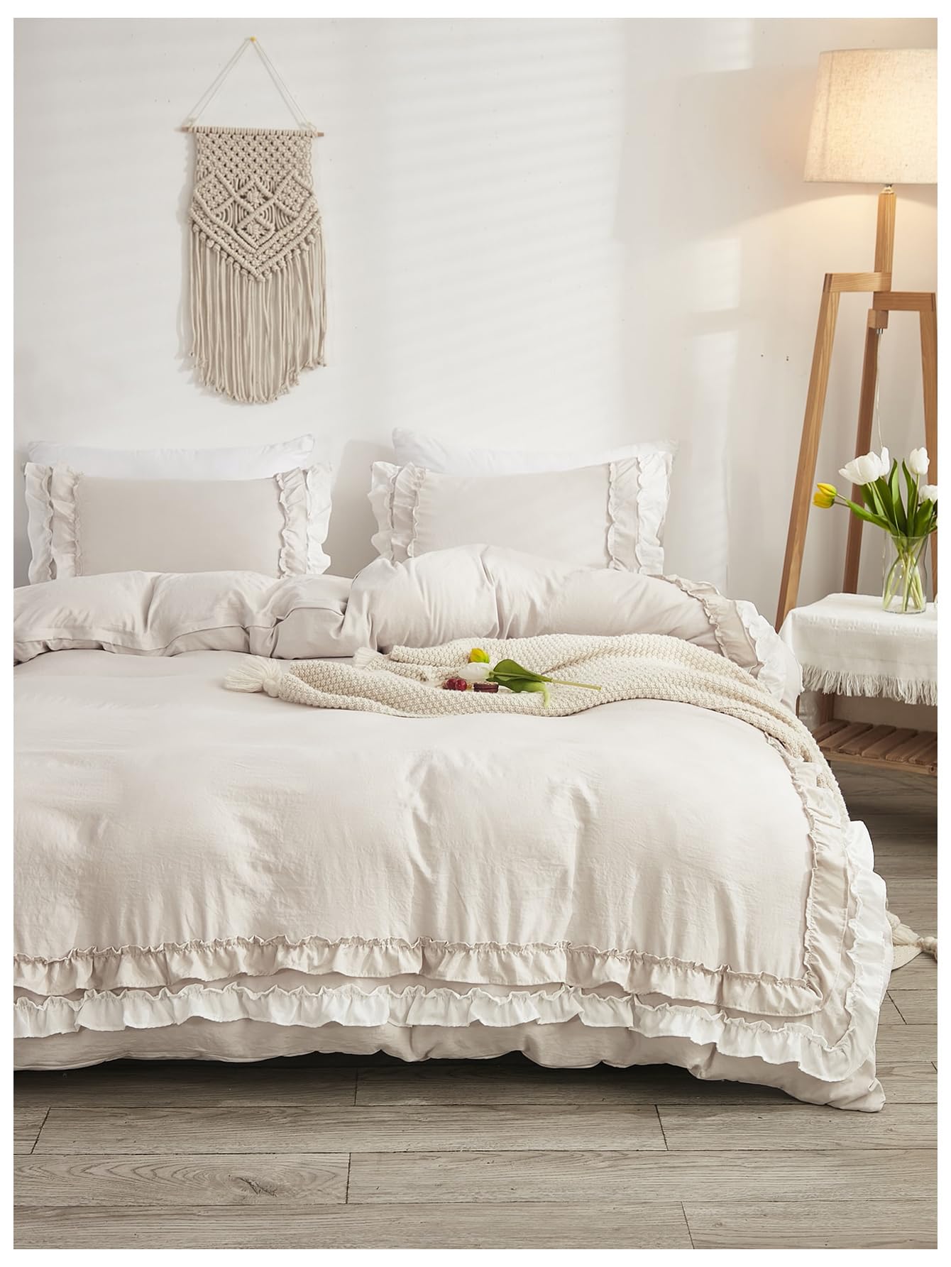 QWINEE 3Pcs Shabby Chic Double Layer Ruffle Duvet Covers Sets Soft 3 Pieces Boho Vintage Farmhouse Bedding Set with 1 Comforter Cover and 2 Pillowcases for All Season Rustic Lightweight Beige Queen