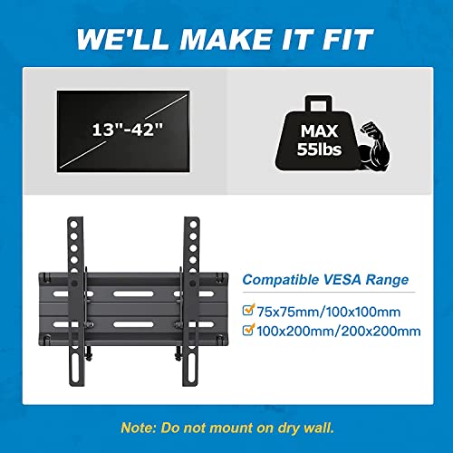 Tilting TV Wall Mount Bracket Low Profile for 13-42 Inch Flat Screen TVs & Monitors, Universal Tilt TV Monitor Mount Fits 8" Wood Studs VESA 200x200mm by Pipishell