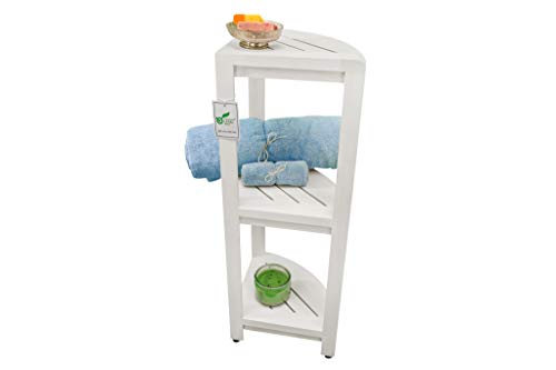 CoastalVogue SnazzyCorner Teak Corner Shower Shelf Wood Corner Shelf 3-Tier Corner Shower Shelf in Antique White Finish β 33 inches Tall