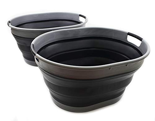 SAMMART 25L(6.6 Gallon) Collapsible Plastic Laundry Basket-Oval Tub/Basket-Foldable Storage Container-Portable Washing Tub-Space Saving Laundry Hamper, Water Capacity 20L(5.28 Gallon)(2, Grey/Black)