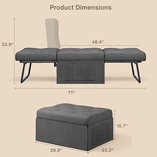 Aiho Sofa Bed, 4 in 1 Sleeper Chair Bed Coverts to Guest Bed Folding Ottoman with Adjustable Backrest, Modern Breathable Linen Couch Bed for Living Room Apartment Office, Dark Grey