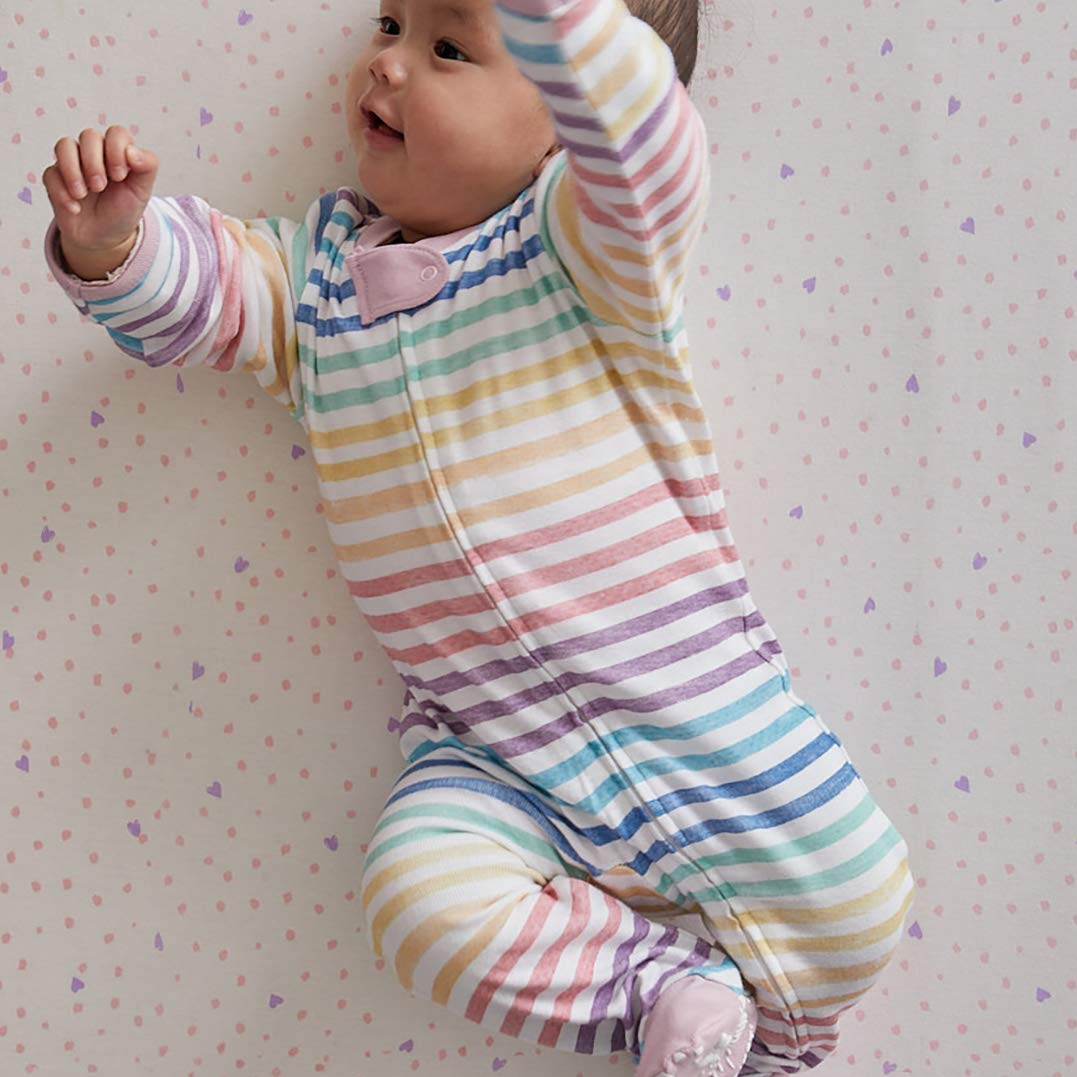 HonestBaby 1-Pack Sleep & Play Footed One-Piece Pajama Sleeper 100% Organic Cotton, Baby Girls, Rainbow Stripe, 0-3 Months